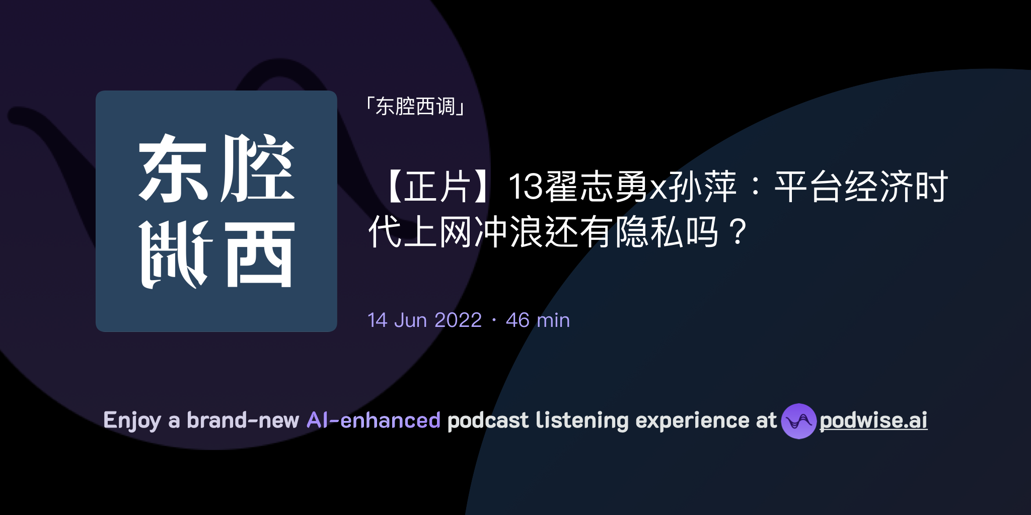 【正片】13翟志勇x孙萍：平台经济时代上网冲浪还有隐私吗？ | 东腔西调 | Podwise