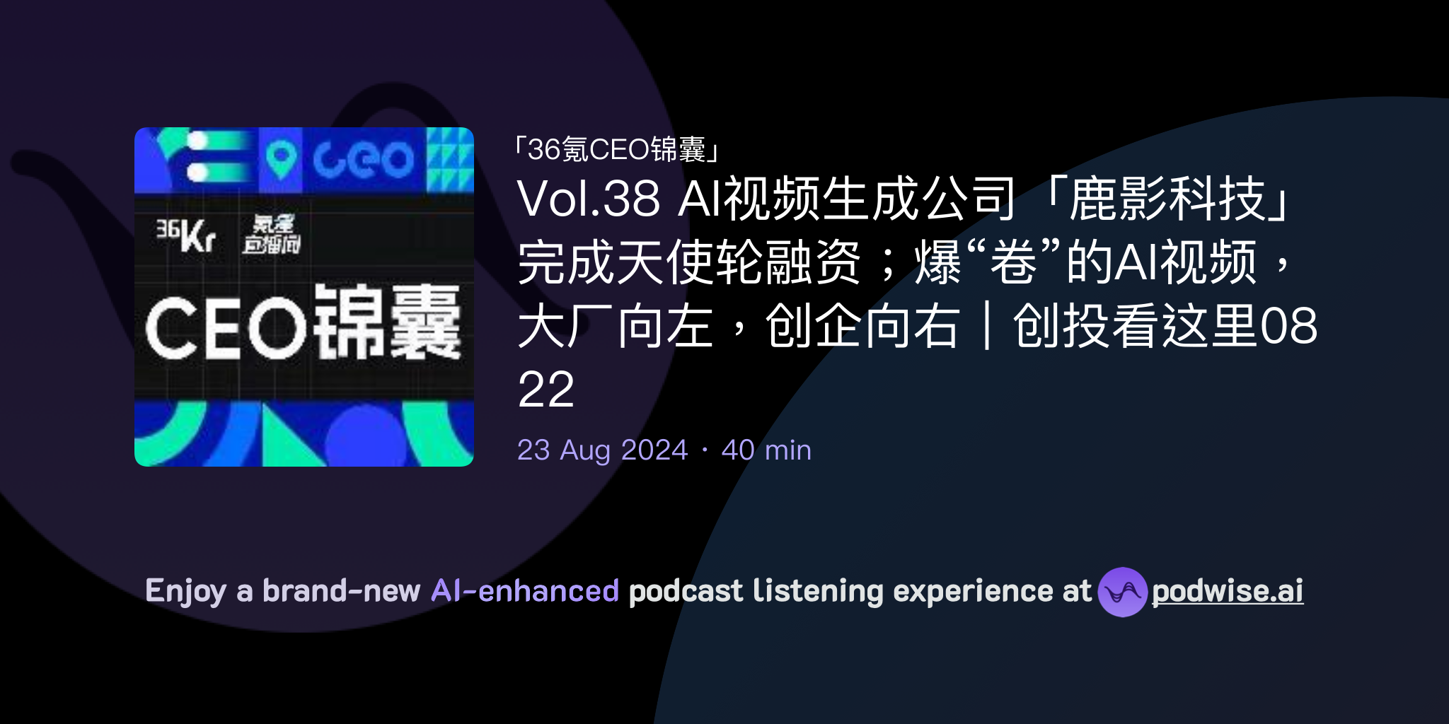 Vol.38 AI视频生成公司「鹿影科技」完成天使轮融资；爆“卷”的AI视频，大厂向左，创企向右｜创投看这里0822 | 36氪CEO锦囊 | Podwise