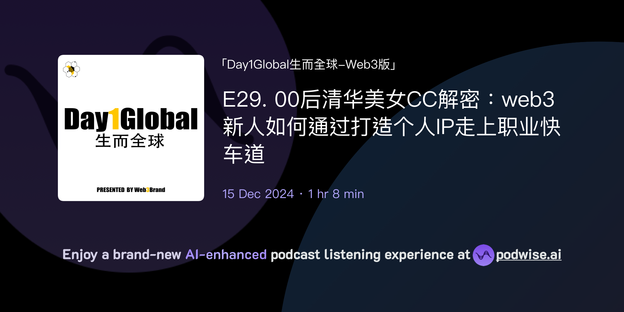 E29. 00后清华美女CC解密：web3新人如何通过打造个人IP走上职业快车道 | Day1Global生而全球-Web3版 | Podwise